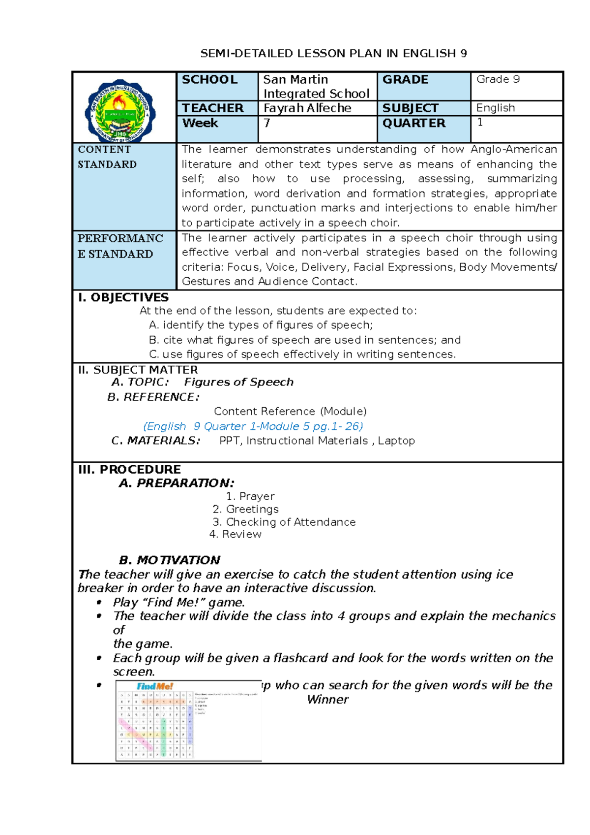 ENG 9 Lesson Plan: Exploring Figures of Speech in Literature - Studocu