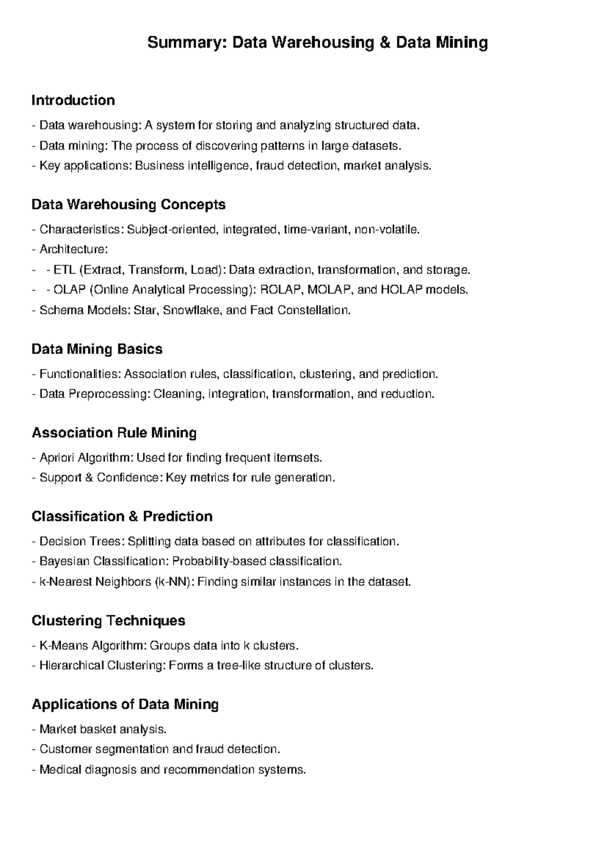 DWDM Summary - Nil - Summary: Data Warehousing & Data Mining Introduction Data warehousing: A ...