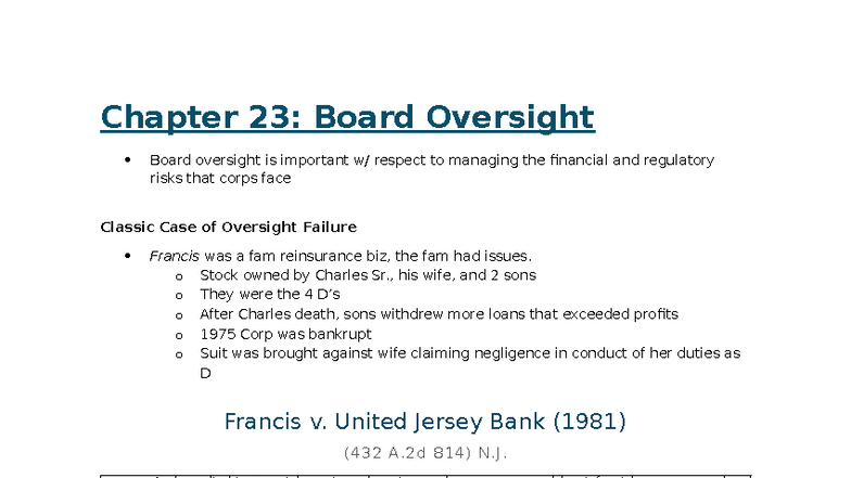 Chapter 23: Corporate Board Oversight and Risk Management - Studocu