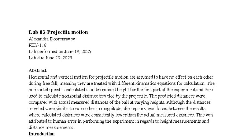Lab 03: Projectile Motion Analysis and Results - Studocu