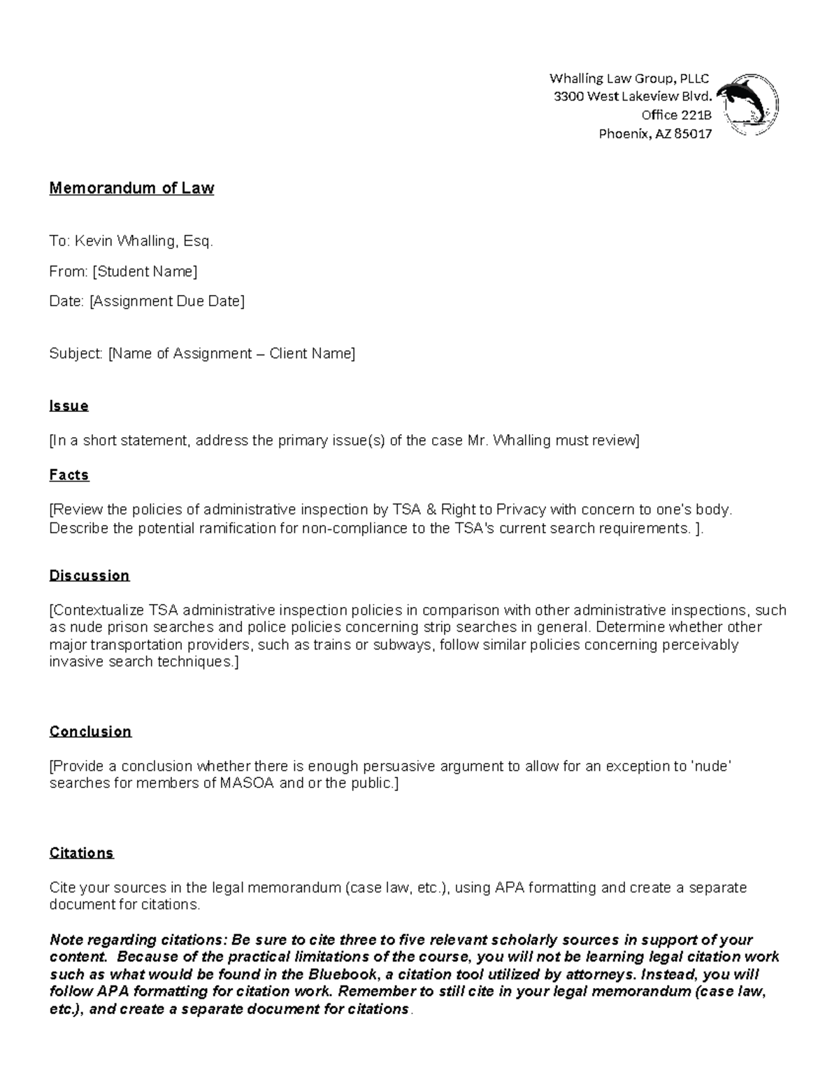 JUS-441 Topic 4 Memorandum of Law Template 1 24 22 - Whalling Law Group, PLLC 3300 West Lakeview ...