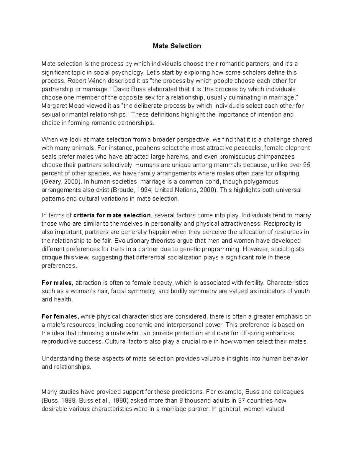 PSY 101: Understanding Mate Selection in Social Psychology - Studocu
