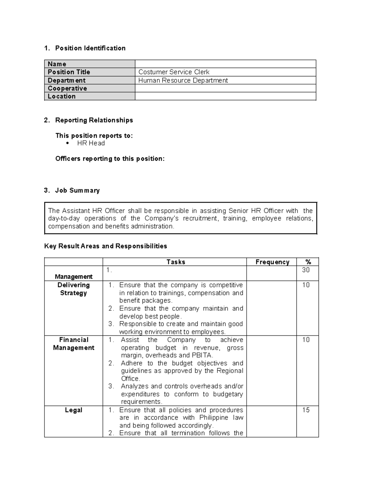 HR Position Description: Customer Service Clerk Role - Studocu