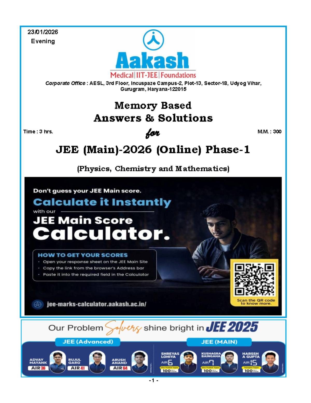 Answers & Solutions for JEE (Main) 2026 - Phase 1 (Evening Session ...