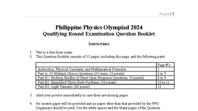 Philippine Physics Olympiad 2024 Qualifying Round Exam Question Booklet ...