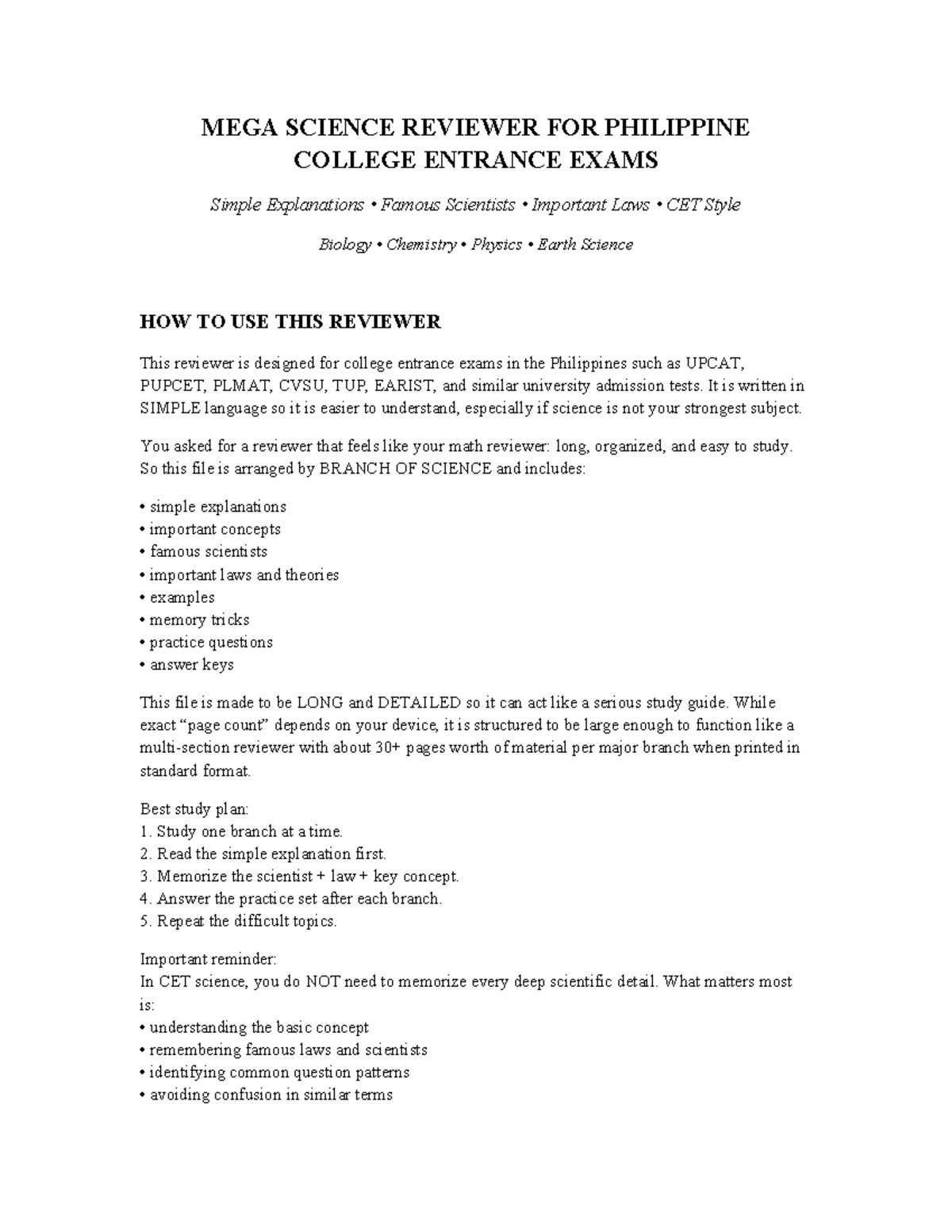 Mega Science Reviewer for Philippine CETs: Biology, Chemistry, Physics ...