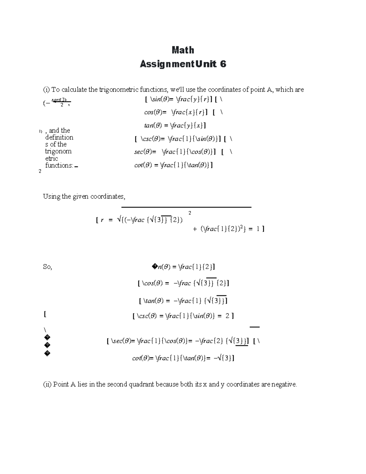 MA1201 Unit 6 - Trigonometric Functions and Angle Calculations - Studocu