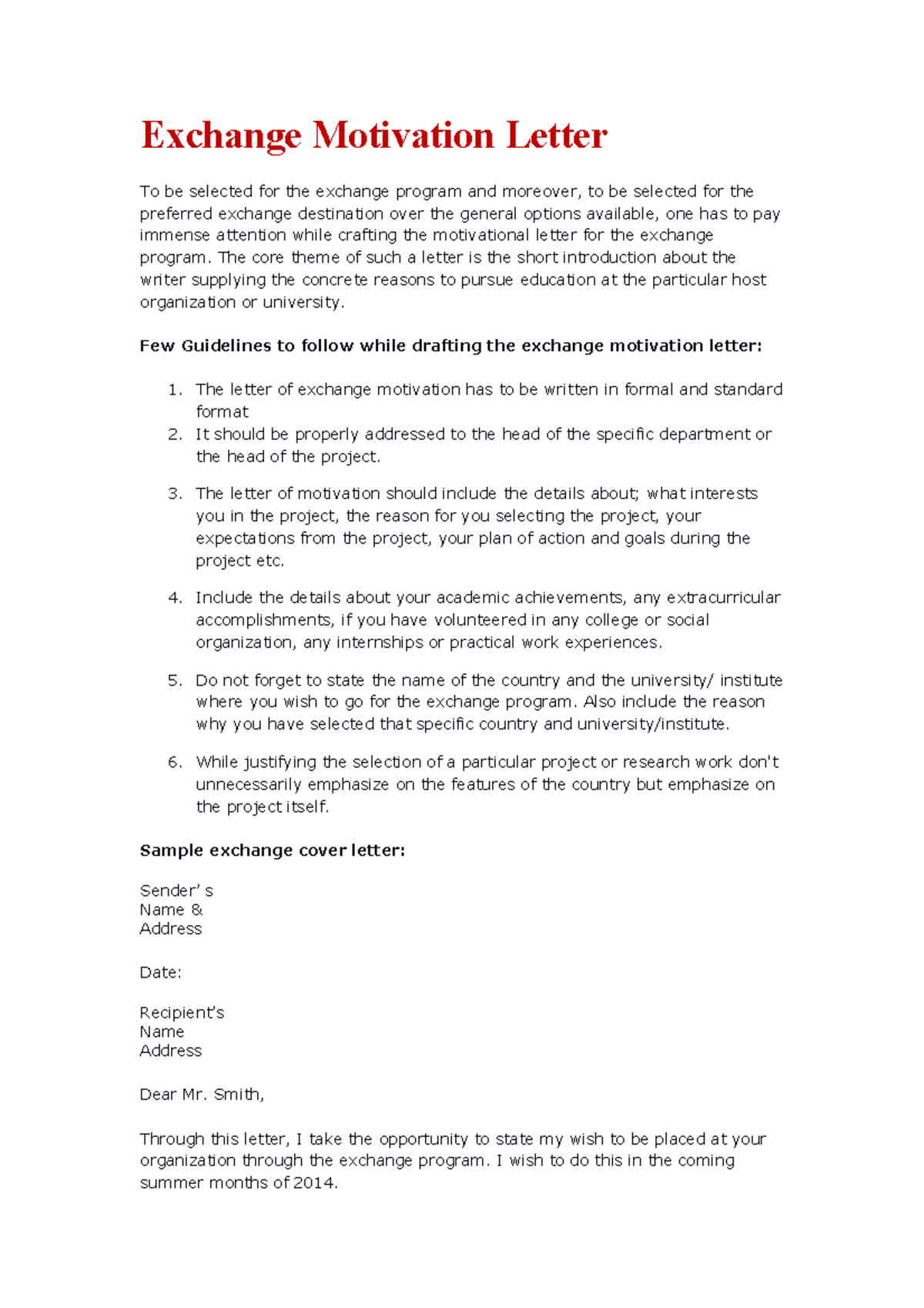 Exchange Motivation Letter Guide for Program Application - Studeersnel