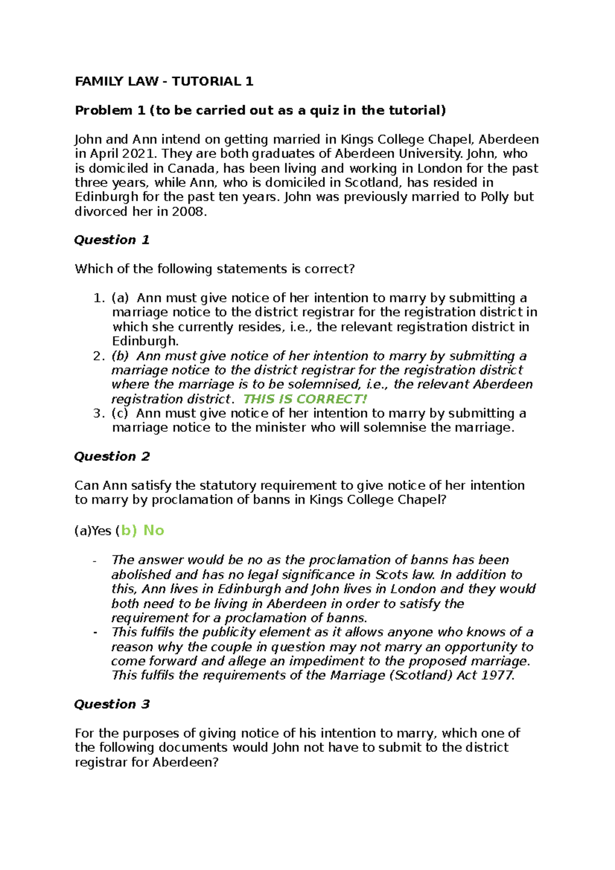 Family LAW Tutorial WORK - FAMILY LAW - TUTORIAL 1 Problem 1 (to be ...