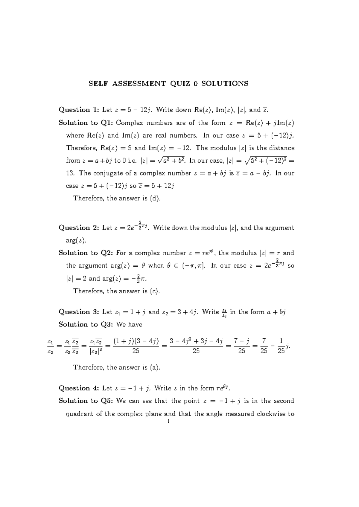 Self Assessment Quiz 0 Solutions on Complex Numbers - Studocu