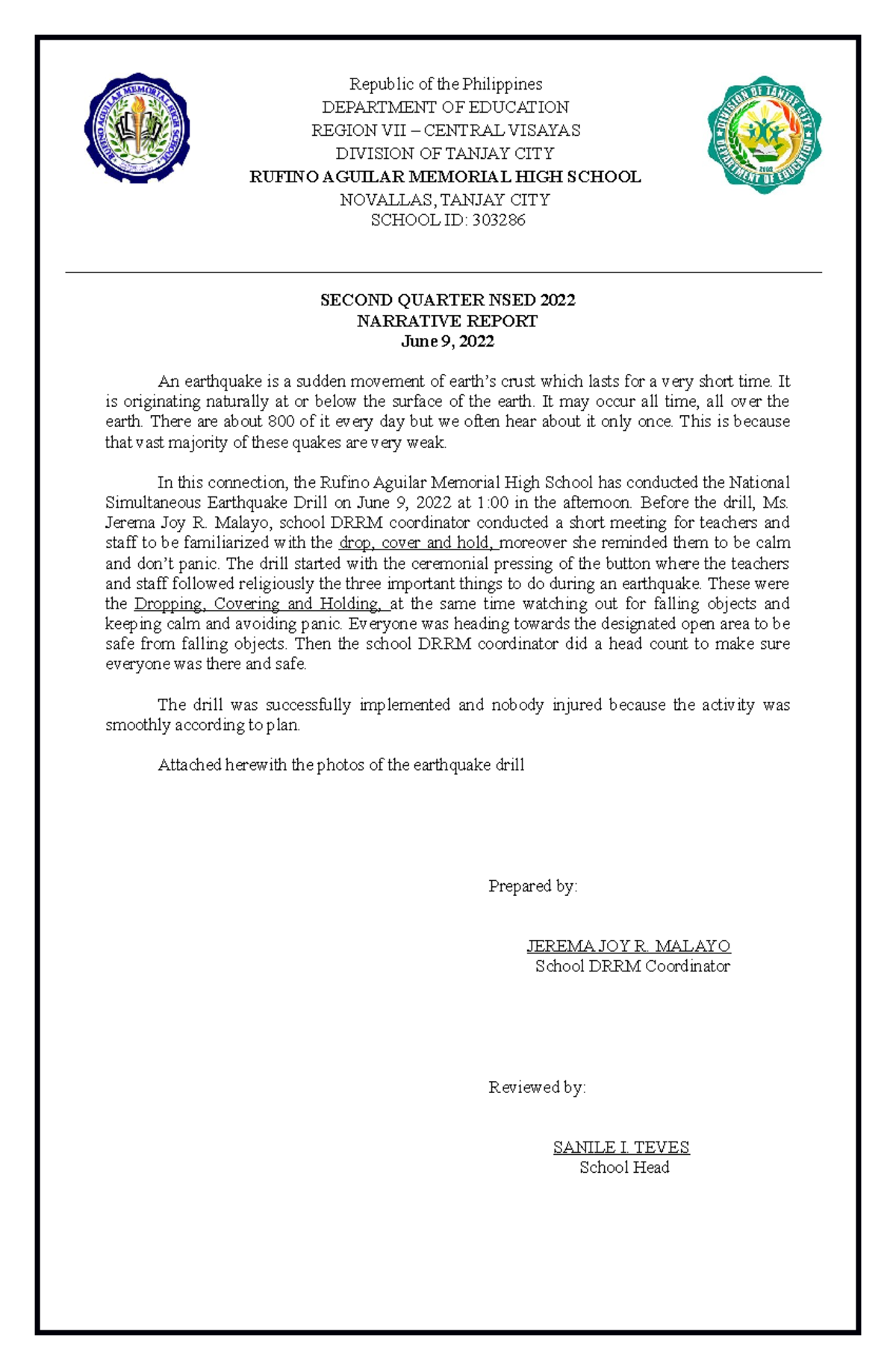 NSED 2nd Quarter Narrative Report: Earthquake Drill Overview - Studocu