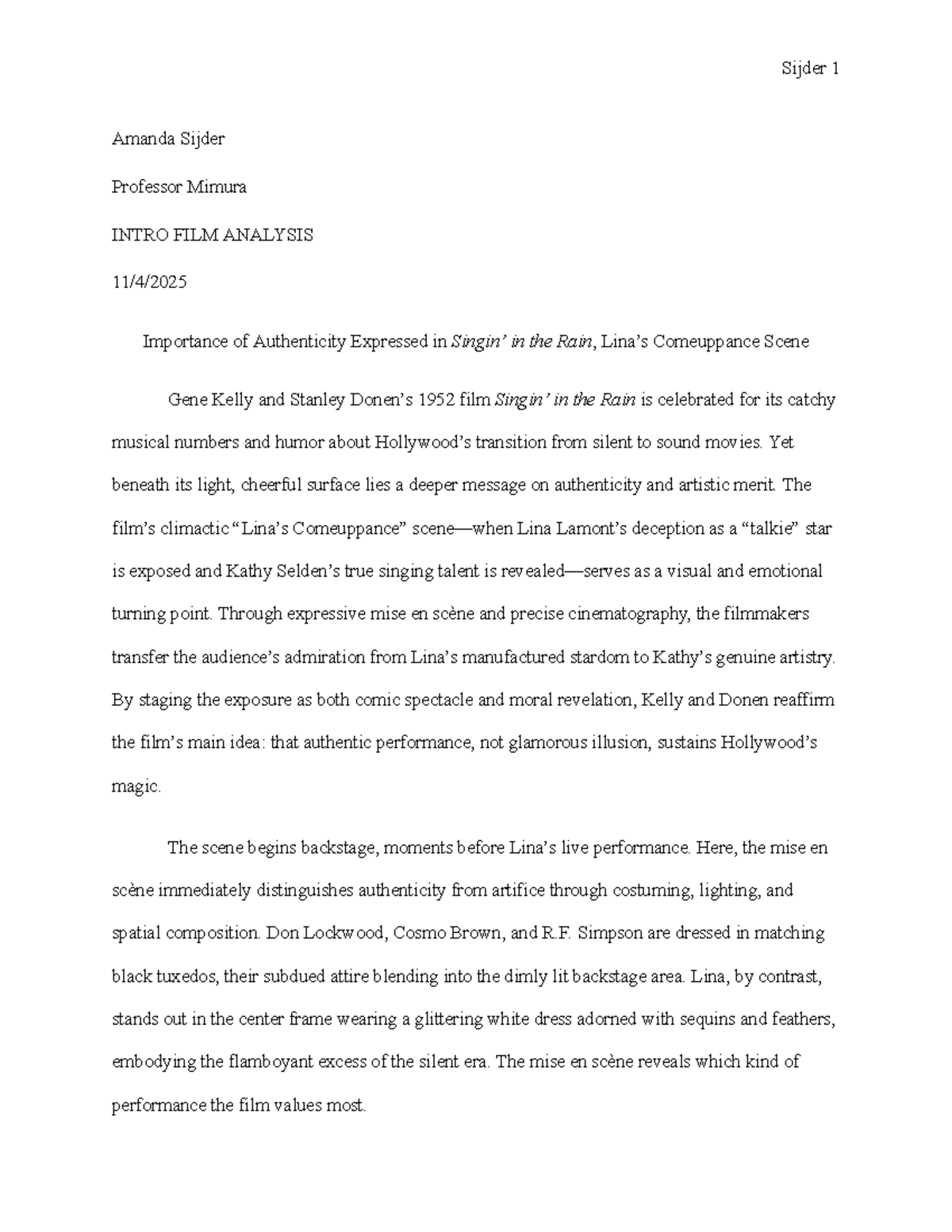 Analysis Assignment 1: Authenticity in "Singin' in the Rain" (Intro Film) - Studocu