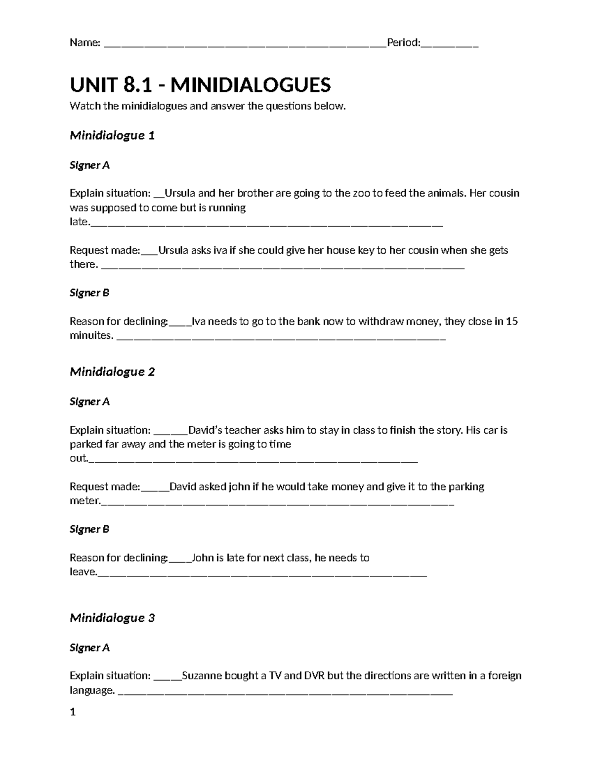 Unit 8.1 ASL Minidialogues with Requests and Responses - Studocu