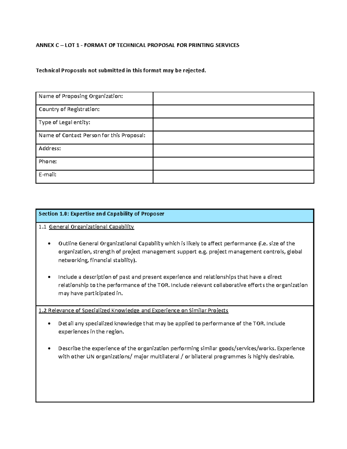 Annex C - LOT 1 - Format of Technical Proposal for Printing Services - ANNEX C – LOT 1 - FORMAT ...