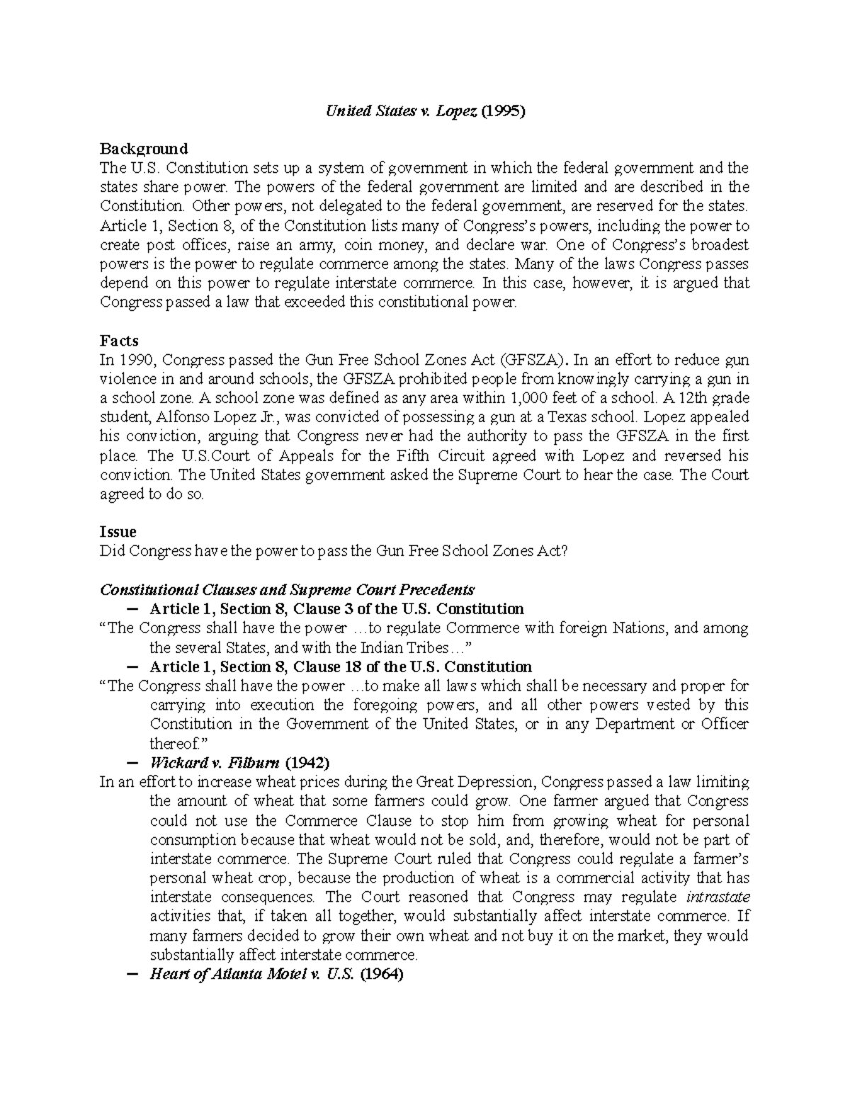 United States v. Lopez Case Brief (1995) - Street Law Analysis - Studocu