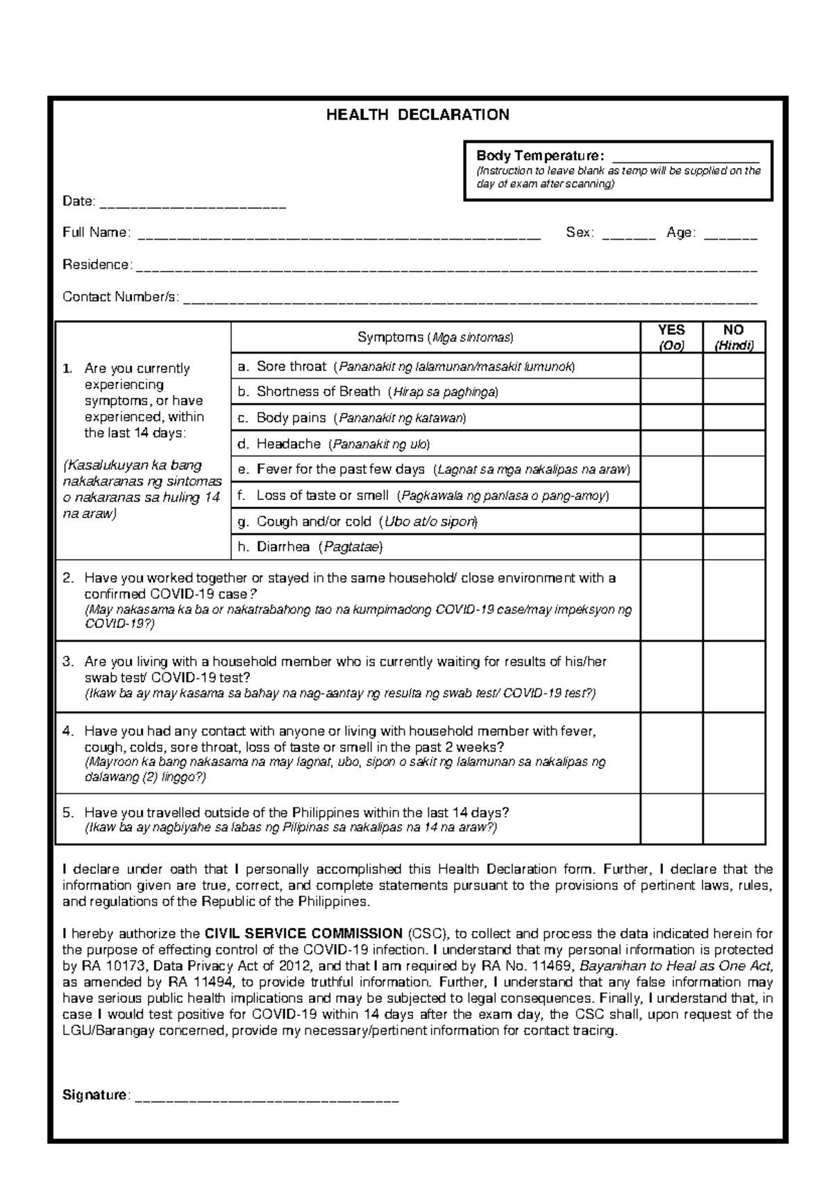Health Declaration Form A1 for COVID-19 Screening Process - Studocu