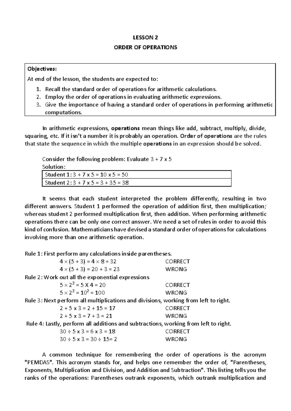 Lesson 2 -Order of Operations - LESSON 2 ORDER OF OPERATIONS Objectives ...