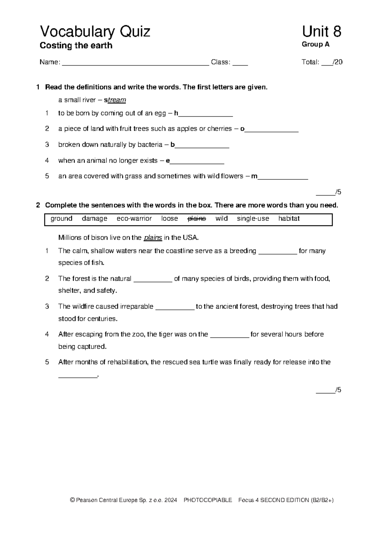 Focus 4 2E Vocabulary Quiz Unit 8: Costing the Earth - Group A - Studocu