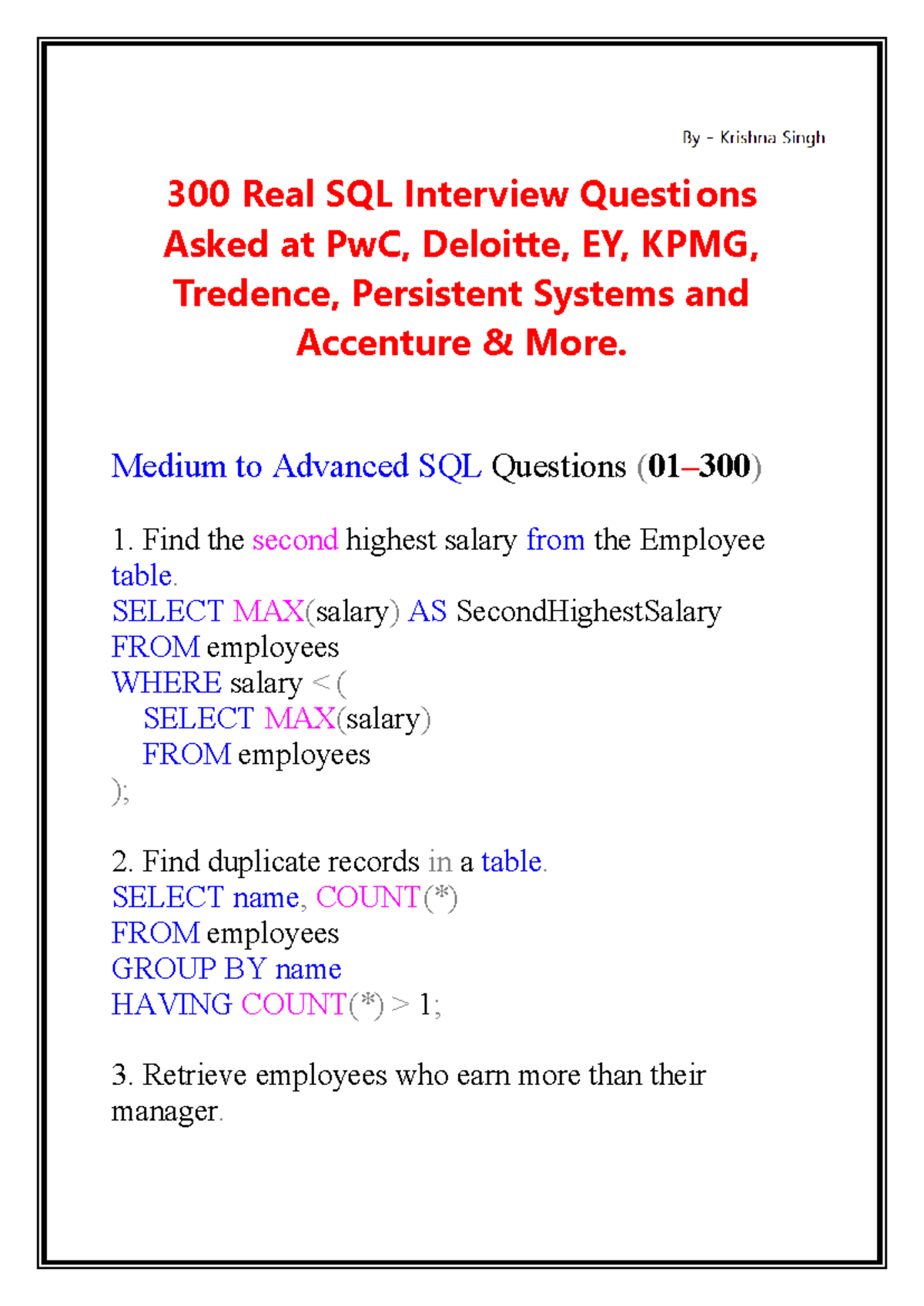 300 SQL Interview Questions for PwC, Deloitte, EY, KPMG, Accenture - Medium to - Studocu