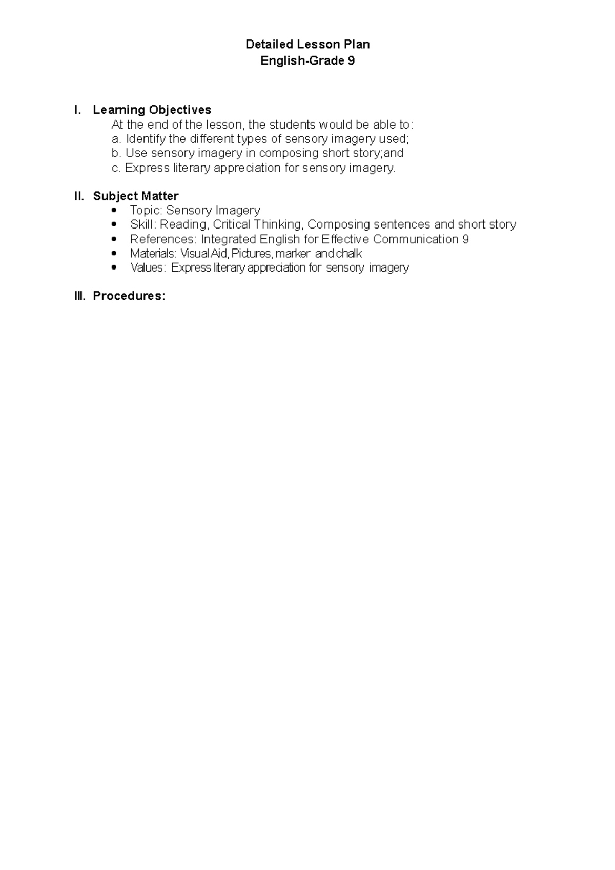 DLP English 9 MS - Detailed Lesson Plan on Sensory Imagery - Studocu