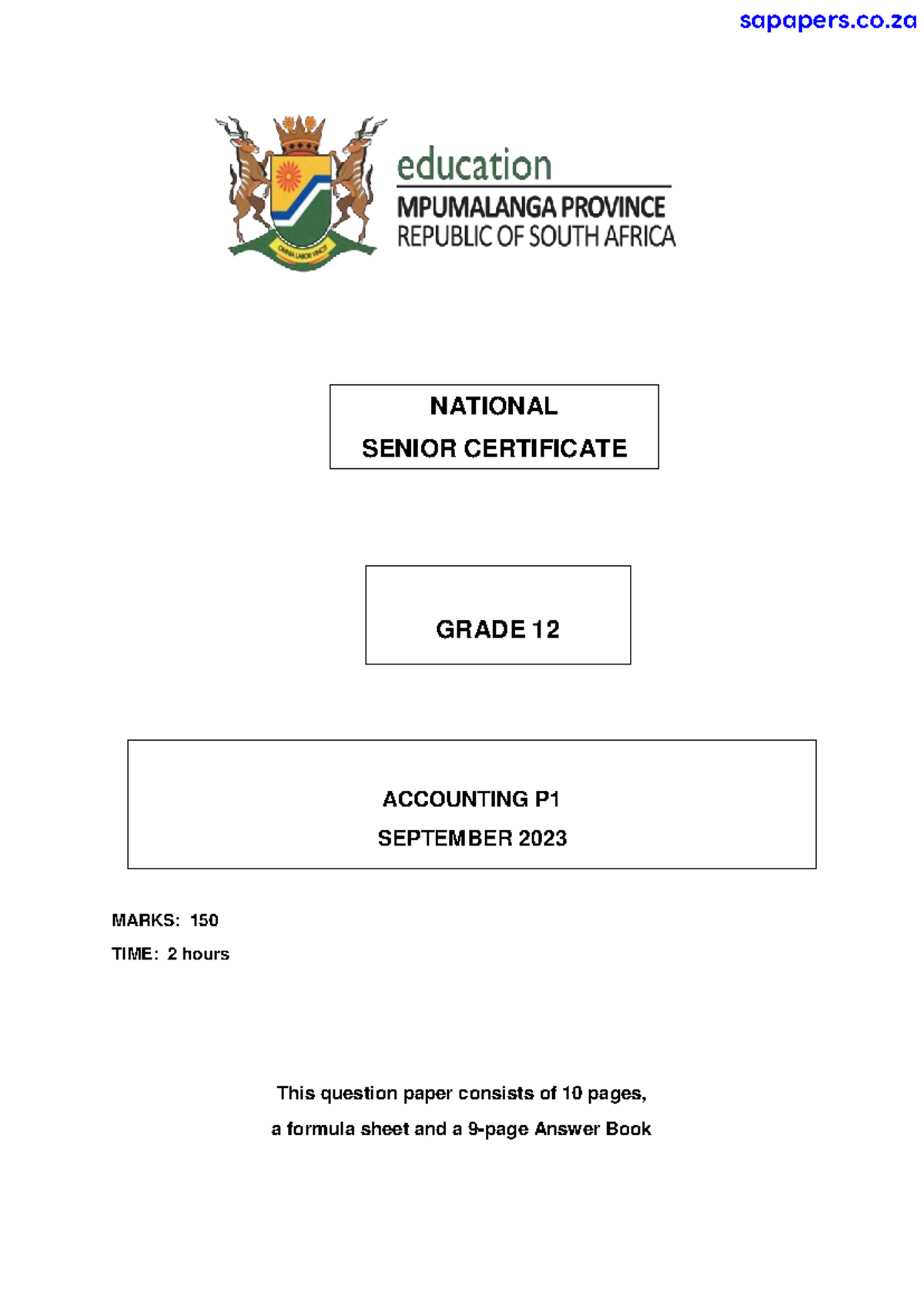 NSC Grade 12 Accounting P1 September 2023 Exam Paper - Studocu