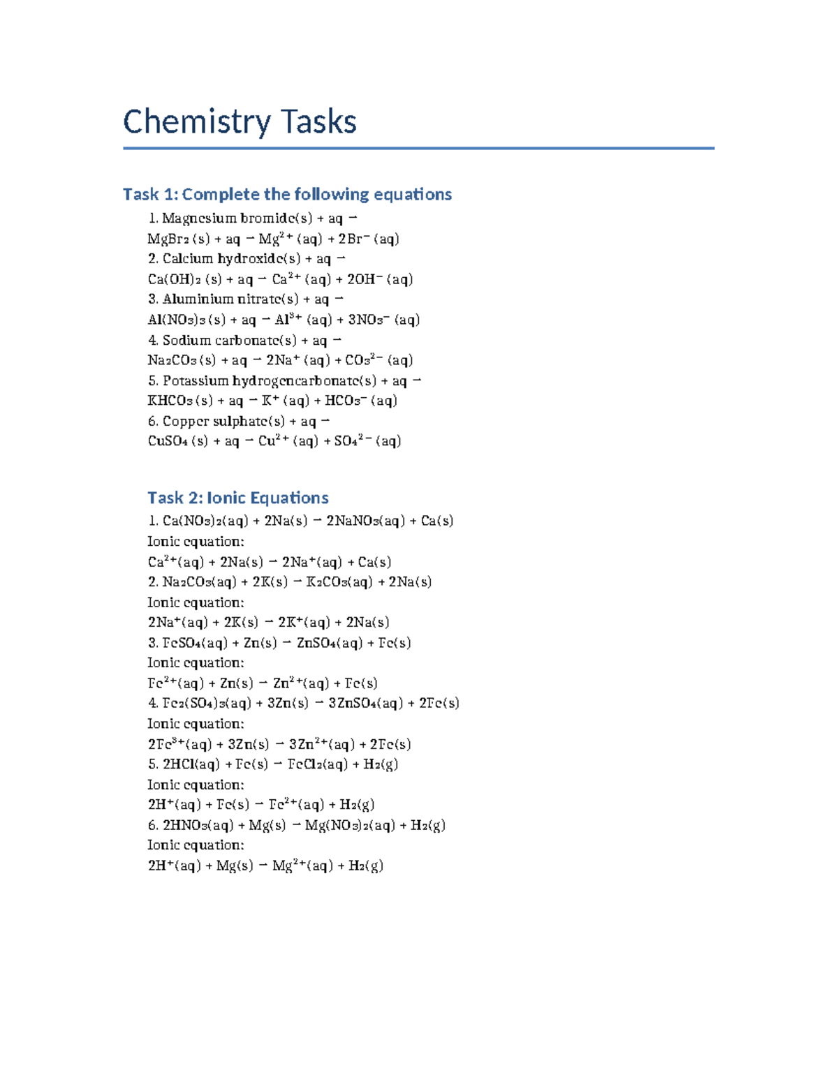 Chemistry Tasks: Ionic Compounds and Equations (CHEM 101) - Studocu