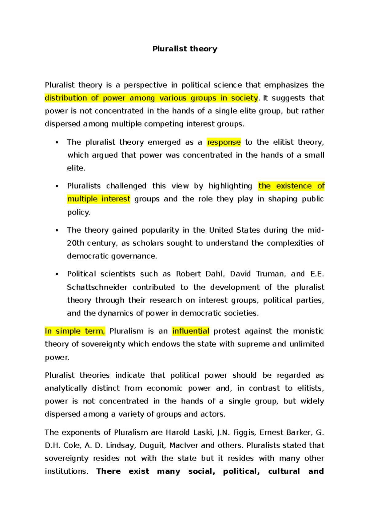 Pluralist Theory - Lecture Notes on Political Power Dynamics - Studocu