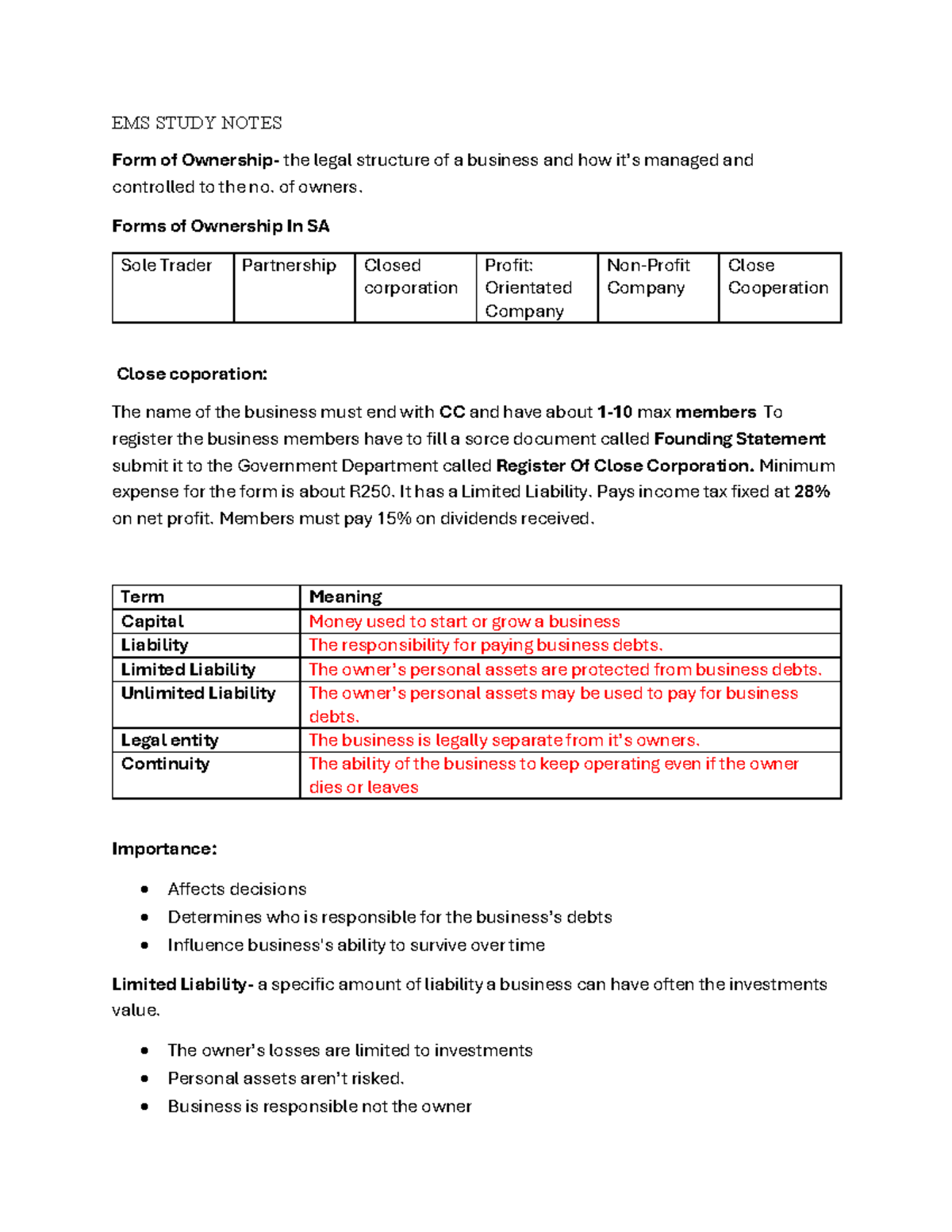 EMS Study Notes self created - EMS STUDY NOTES Form of Ownership- the ...