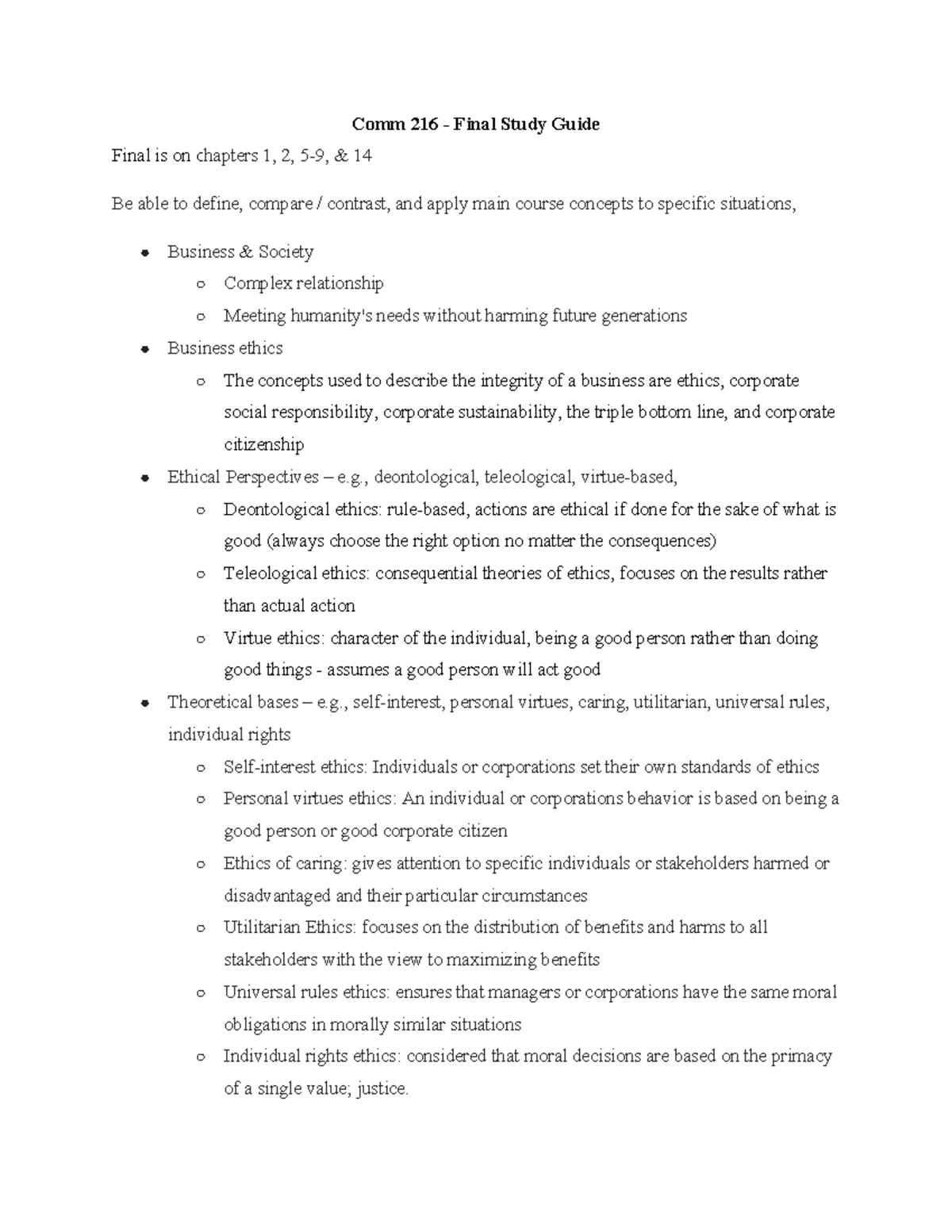 Comm 216 - Comprehensive Final Study Guide on Business Ethics & CSR ...