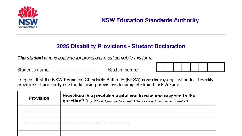 2025 HSC Disability Provisions Student Declaration Form - Studocu