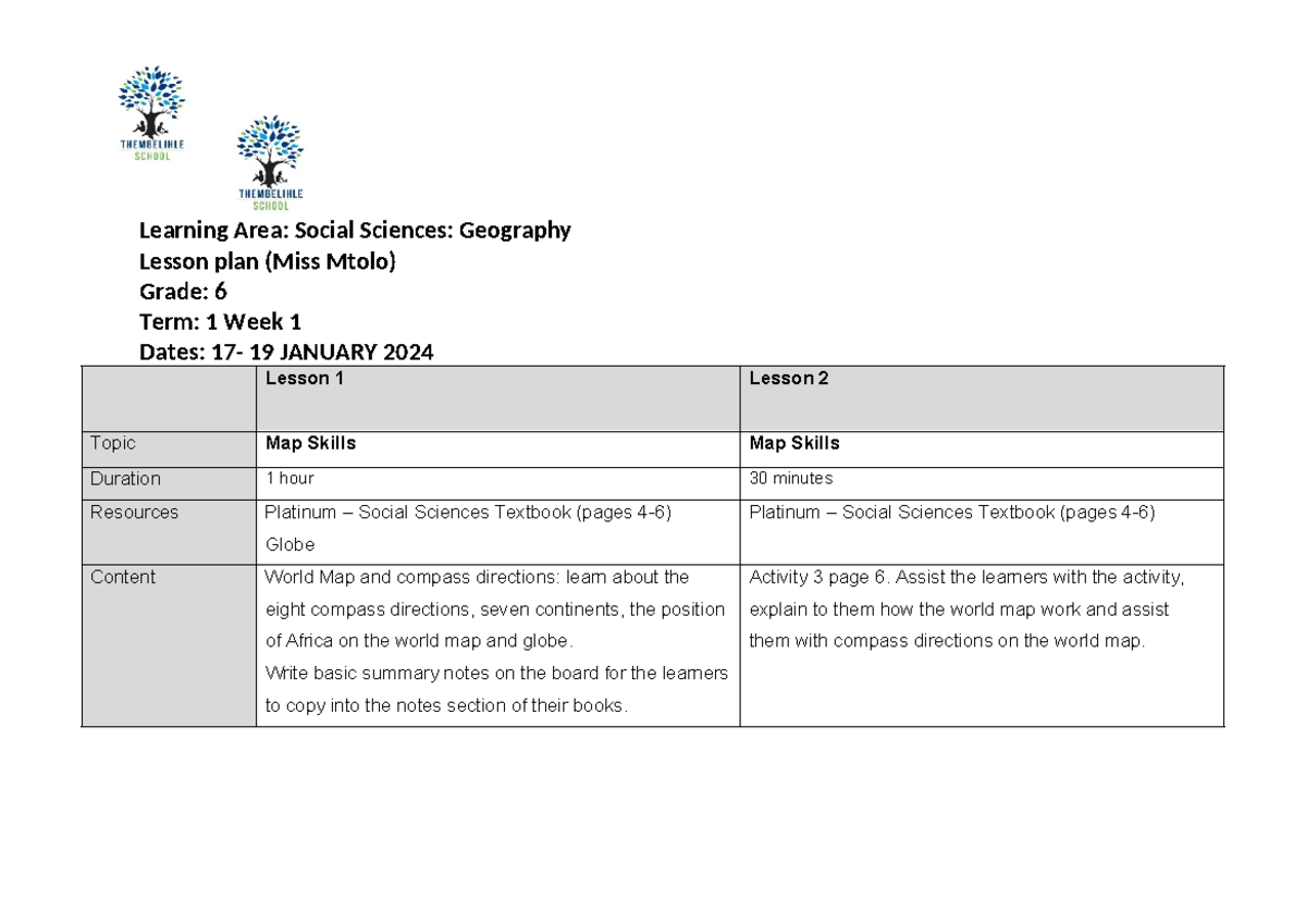 Social Sciences Geography Lesson Plan (Grade 5) Term 1 Overview - Studocu