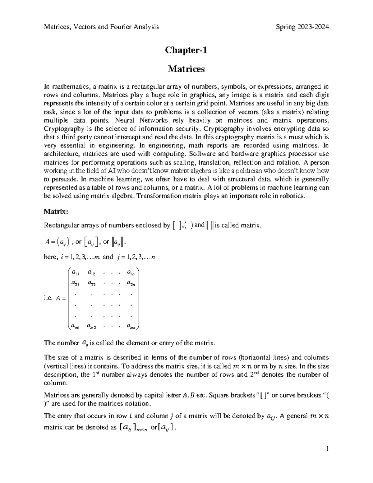 Matrix Algebra: Vectors and Fourier Analysis - Spring 23-24 - Studocu