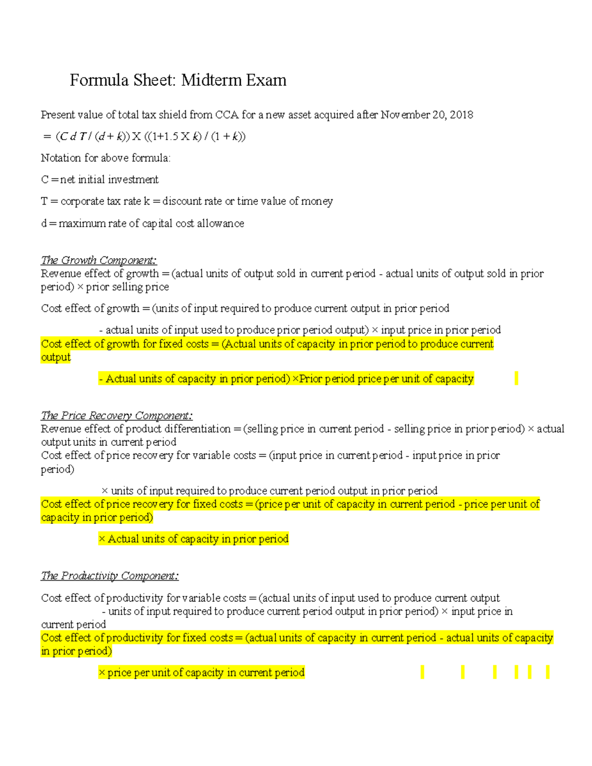 Midterm Exam Formula Sheet: Present Value of Tax Shield and Growth ...