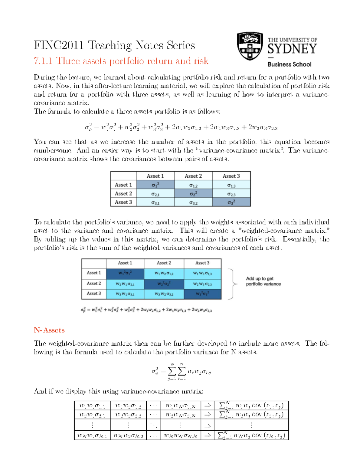 FINC2011 Teaching Notes: Three Assets Portfolio Risk & Return - Studocu