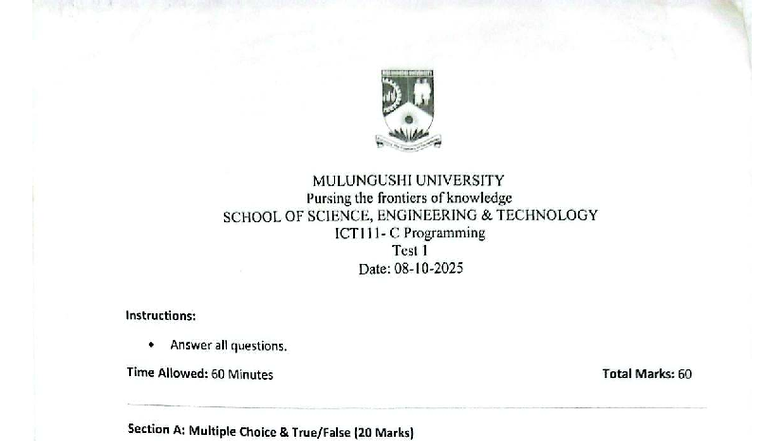 MULUNGUSHI UNIVERSITY C Programming Test 1 Study Material - Studocu