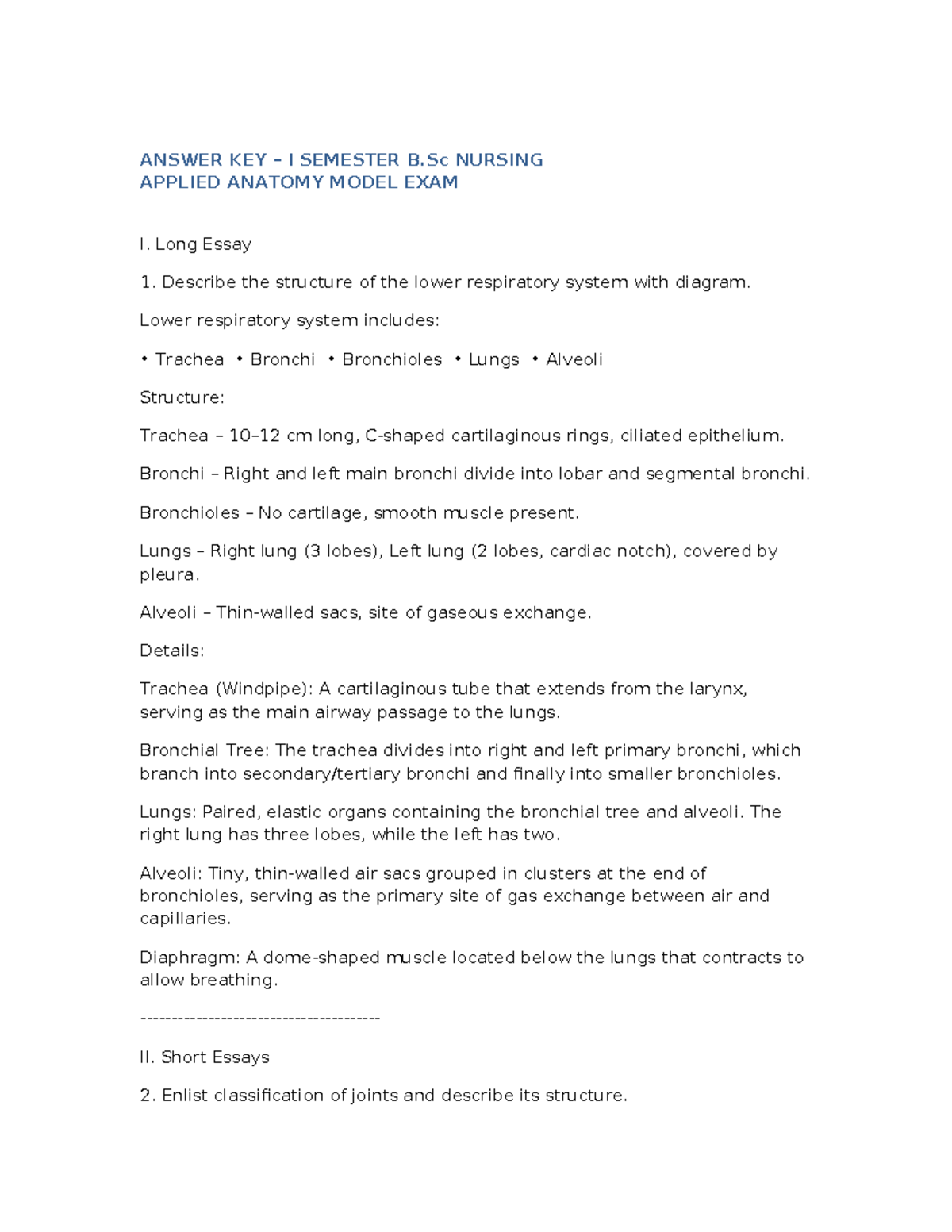 B.Sc Nursing I Semester Applied Anatomy Model Exam Answer Key - Studocu