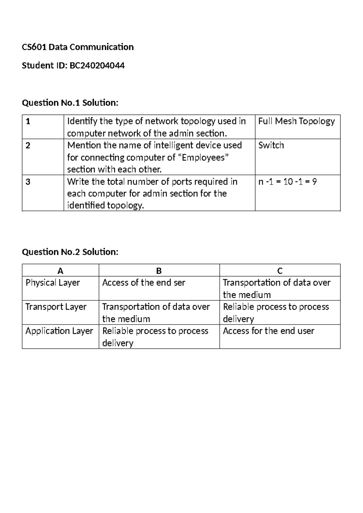 CS601 Assignment: Network Topology & Layer Functions Analysis - Studocu