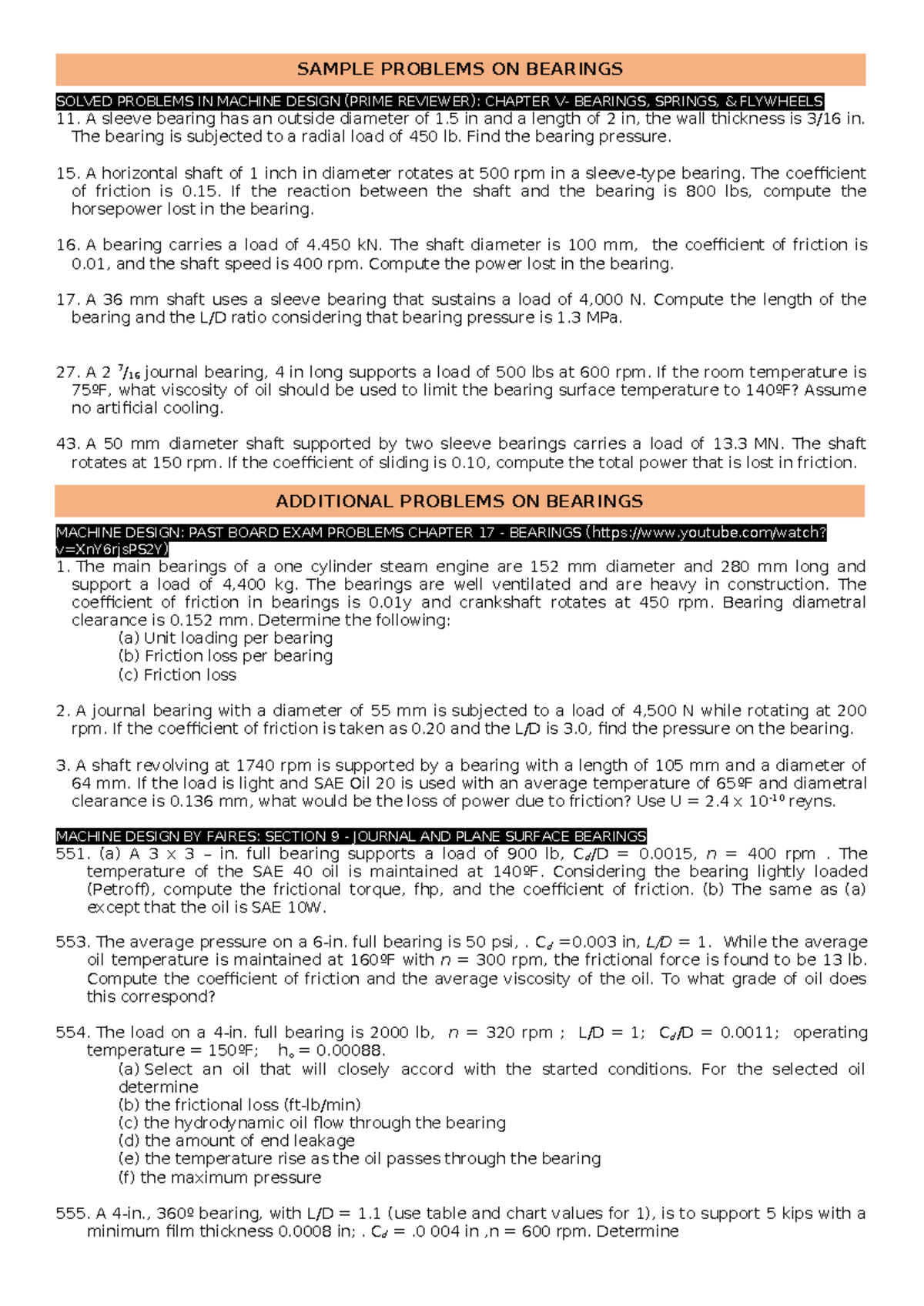 MACHINE DESIGN: BEARINGS SAMPLE PROBLEMS & EXAM REVIEW (CHAPT V) - Studocu