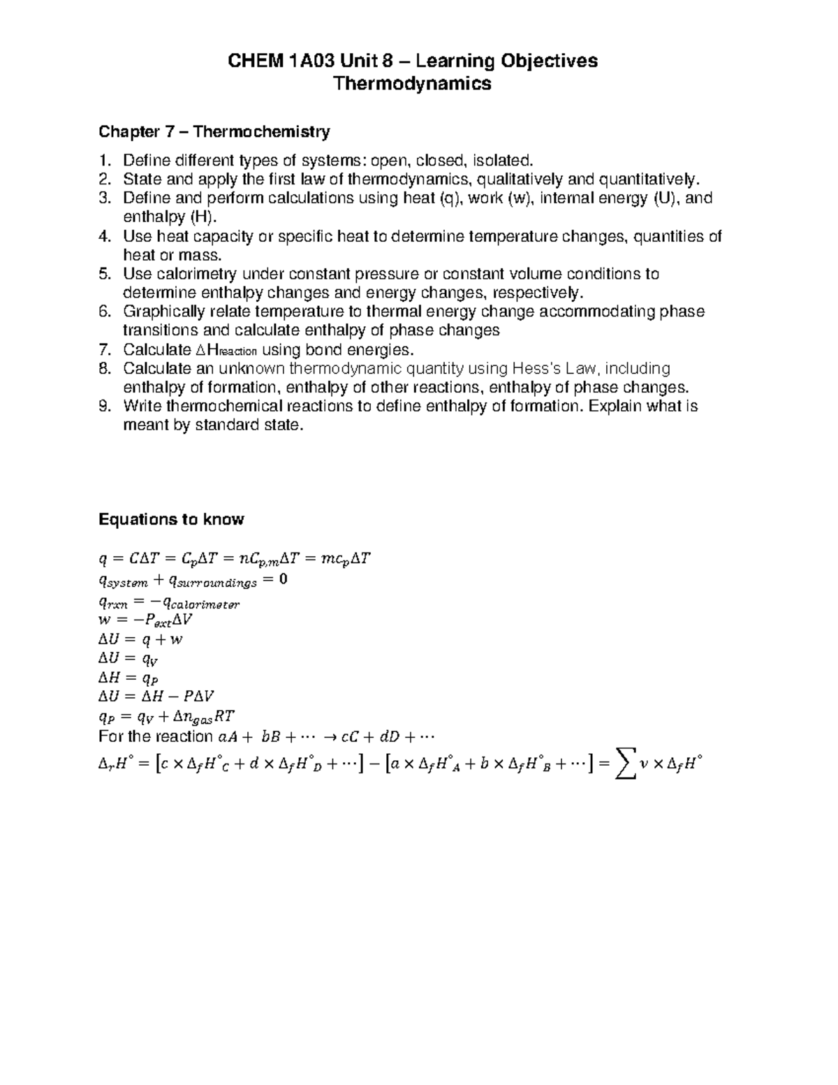Unit 8 - Enthalpy Learning Objectives 2020 - CHEM 1A03 Unit 8 ...