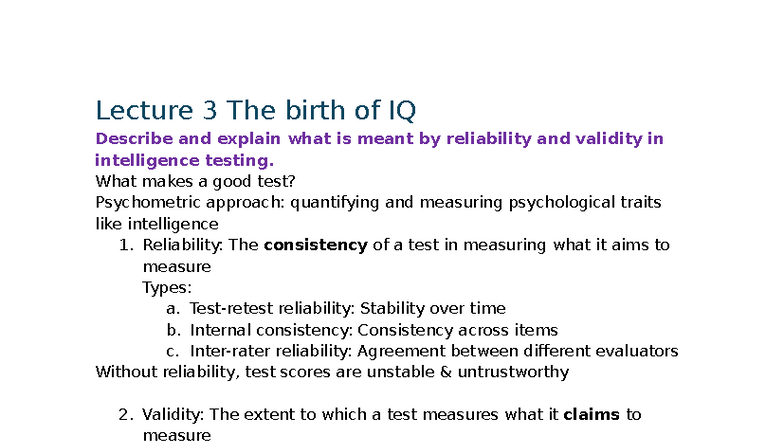 Lecture 3: Reliability and Validity in Intelligence Testing (Mental ...