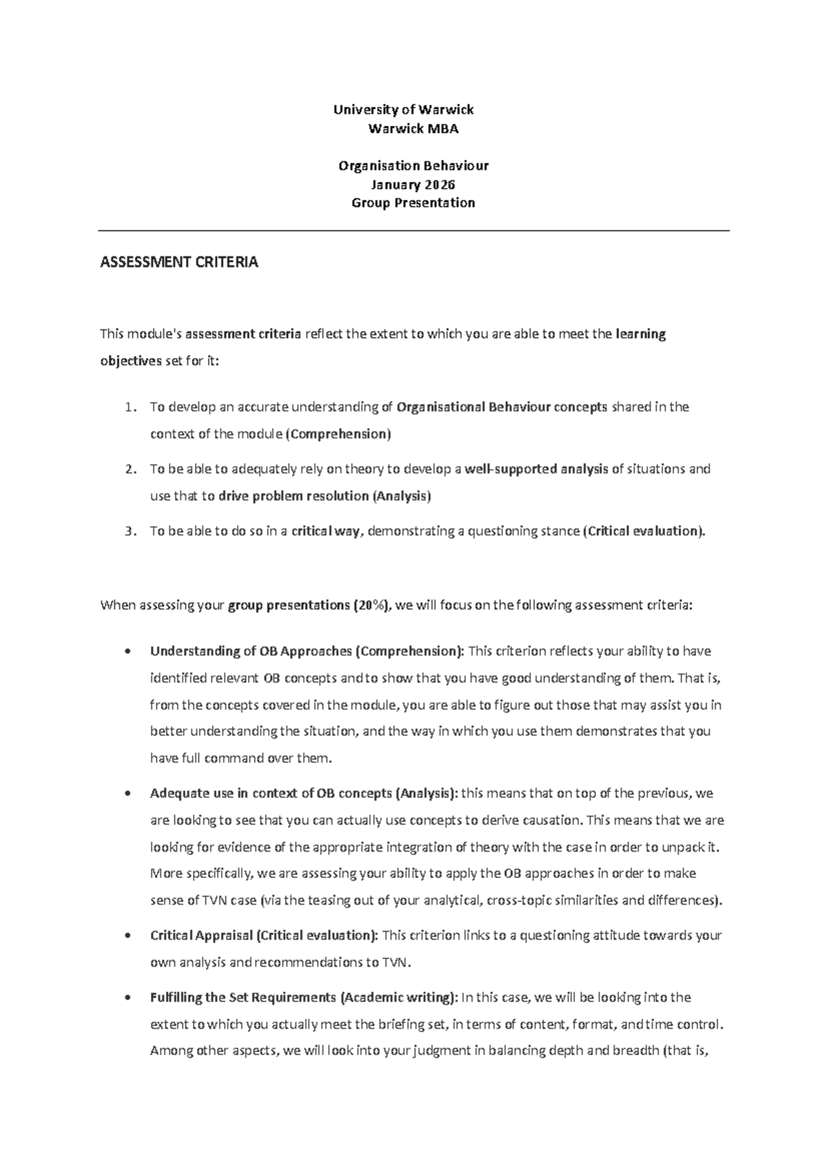 Warwick MBA OB Group Presentation Assessment Criteria Jan 2026 - Studocu