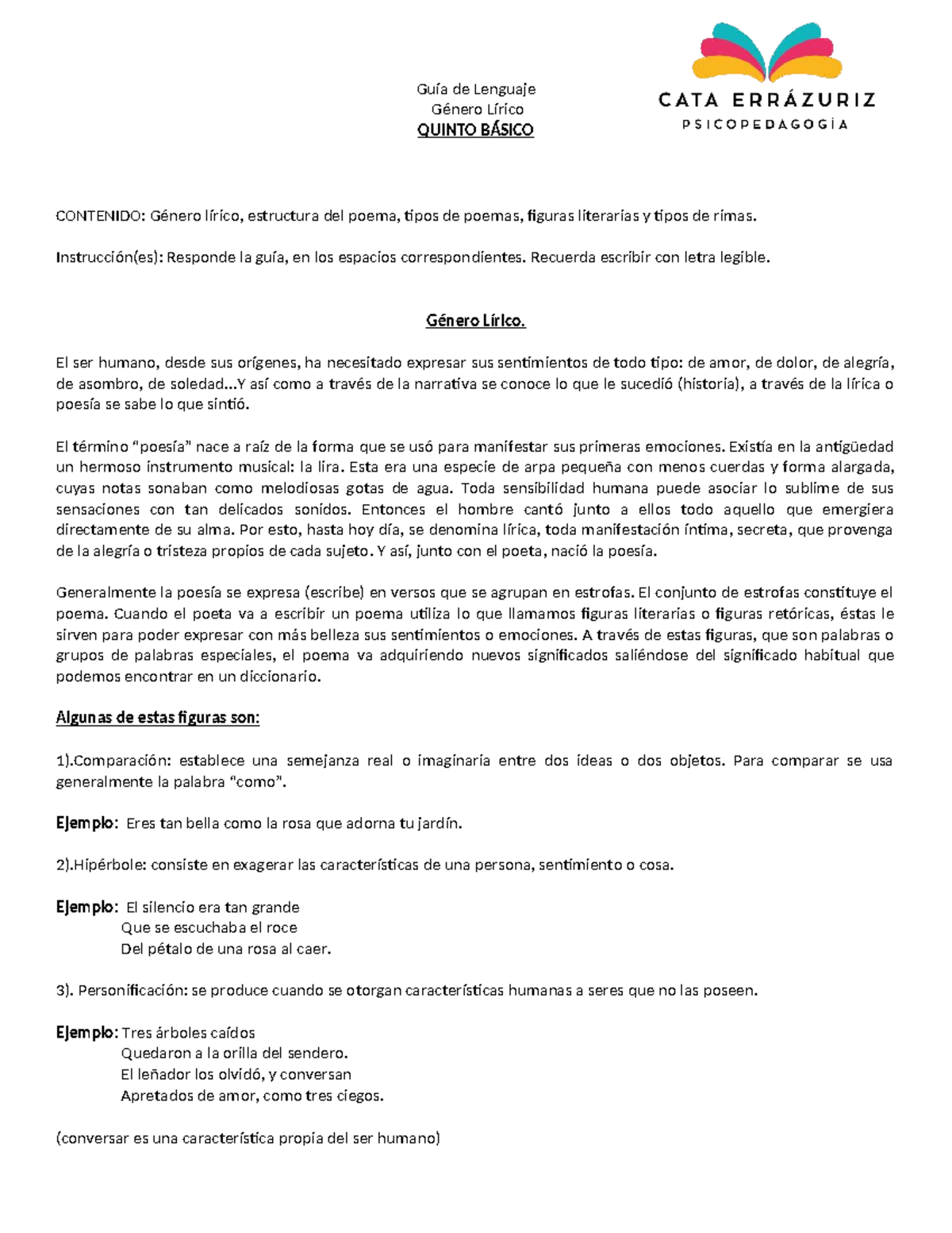 Guía sobre Género Lírico - 5to Básico: Estructura y Figuras Literarias ...