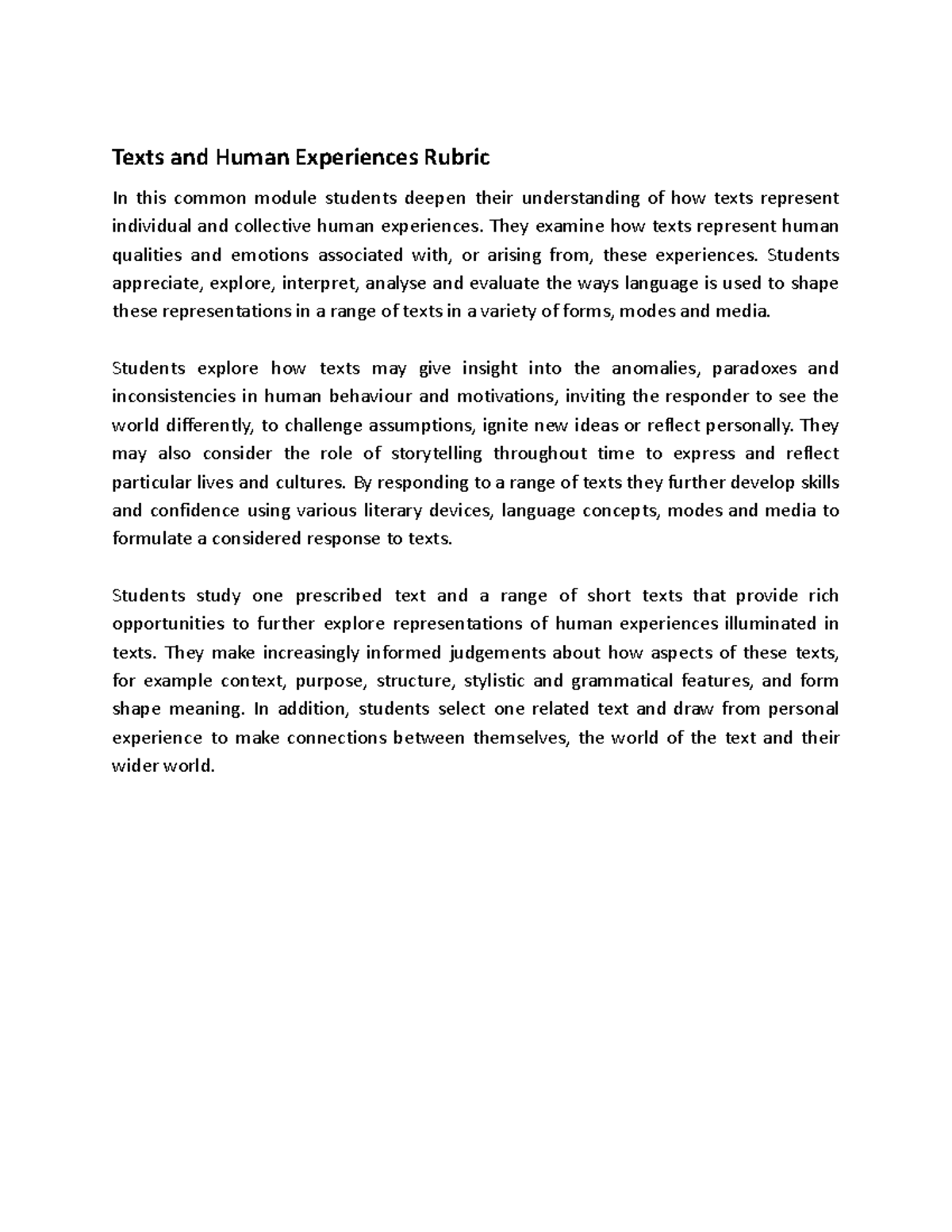 HSC English - Human Experiences - Texts and Human Experiences Rubric In ...