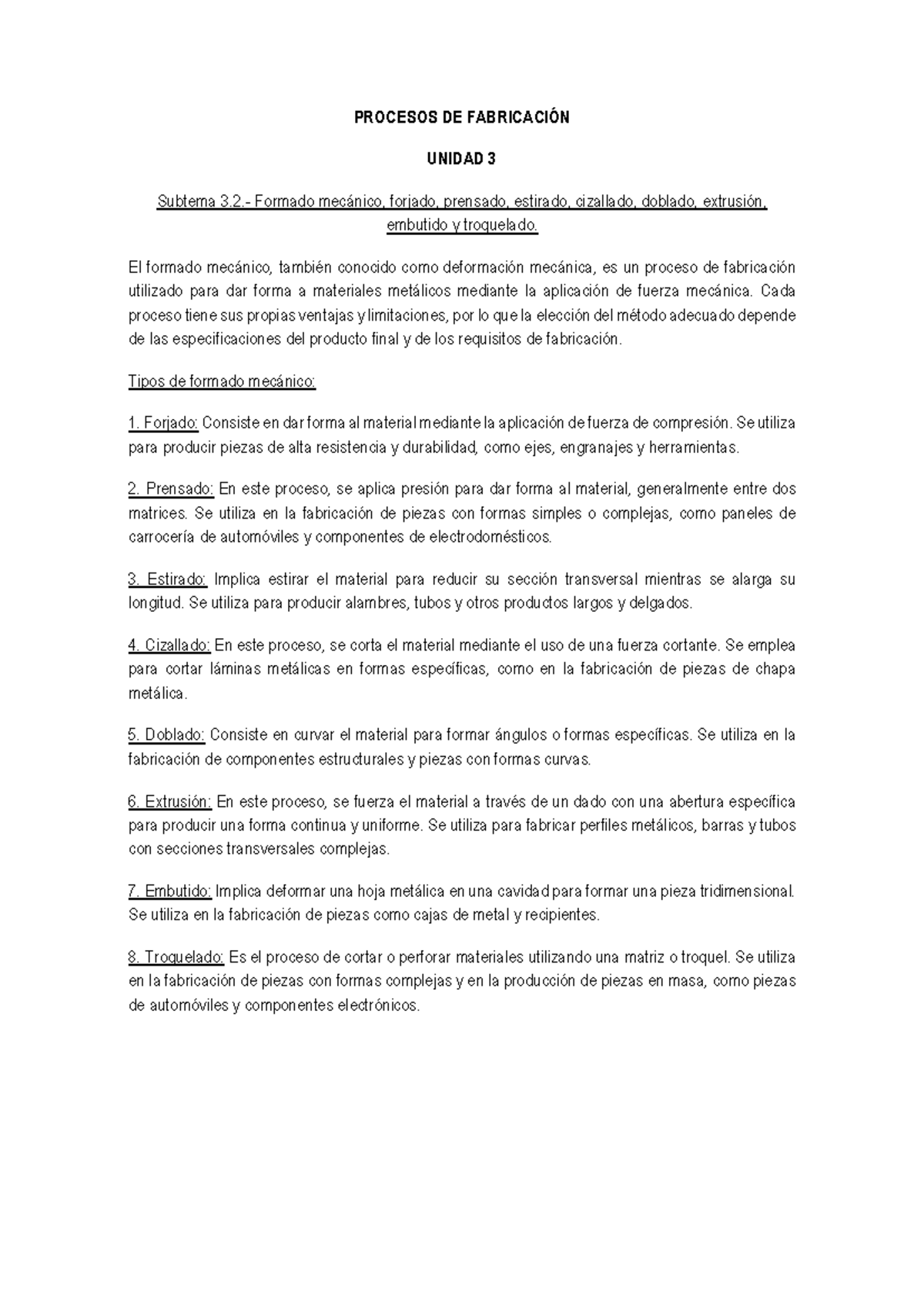 Título: Procesos de Fabricación: Formado Mecánico (Unidad 3) - Studocu