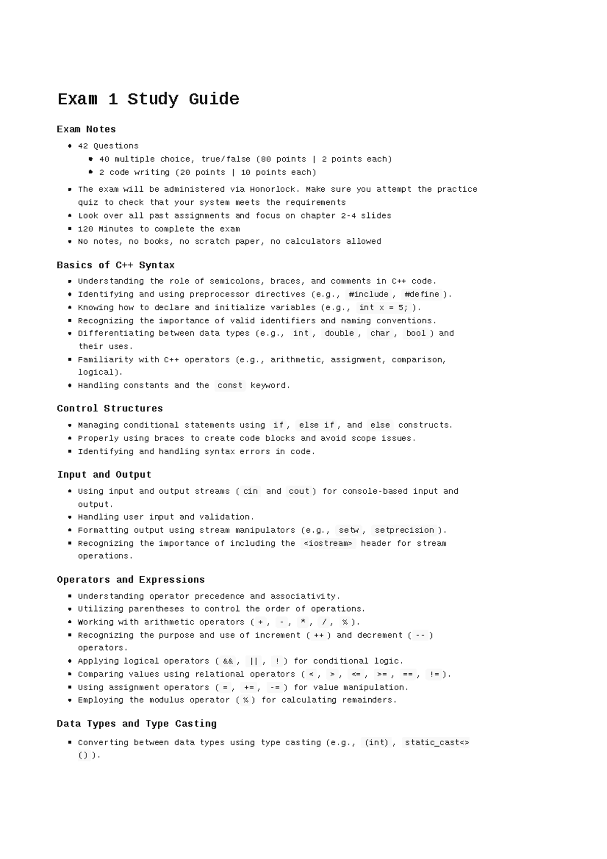 C++ Exam 1 Study Guide: Key Concepts & Practice Questions - Studocu