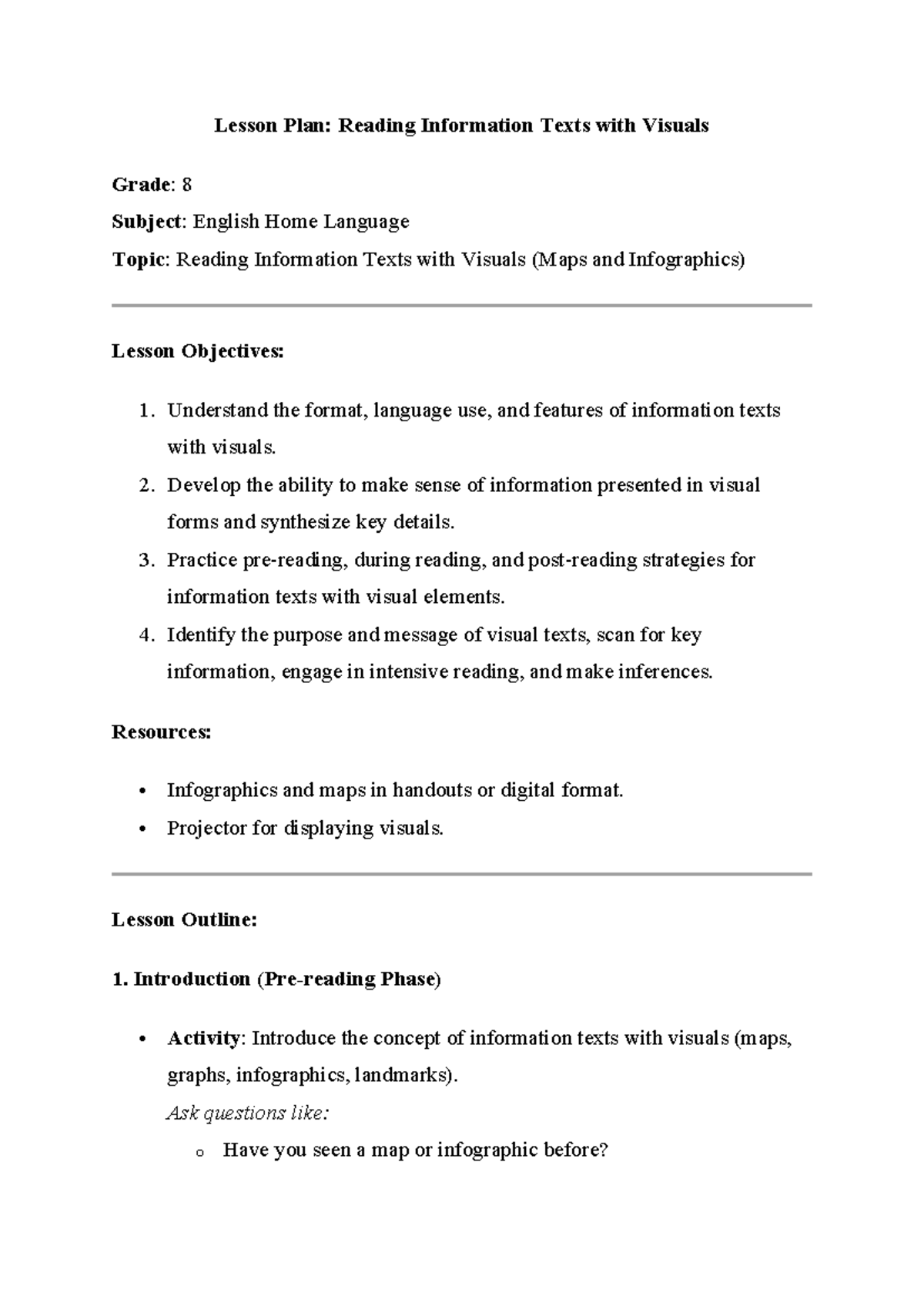 Grade 8 English Lesson Plan: Reading Visual Information Texts - Studocu