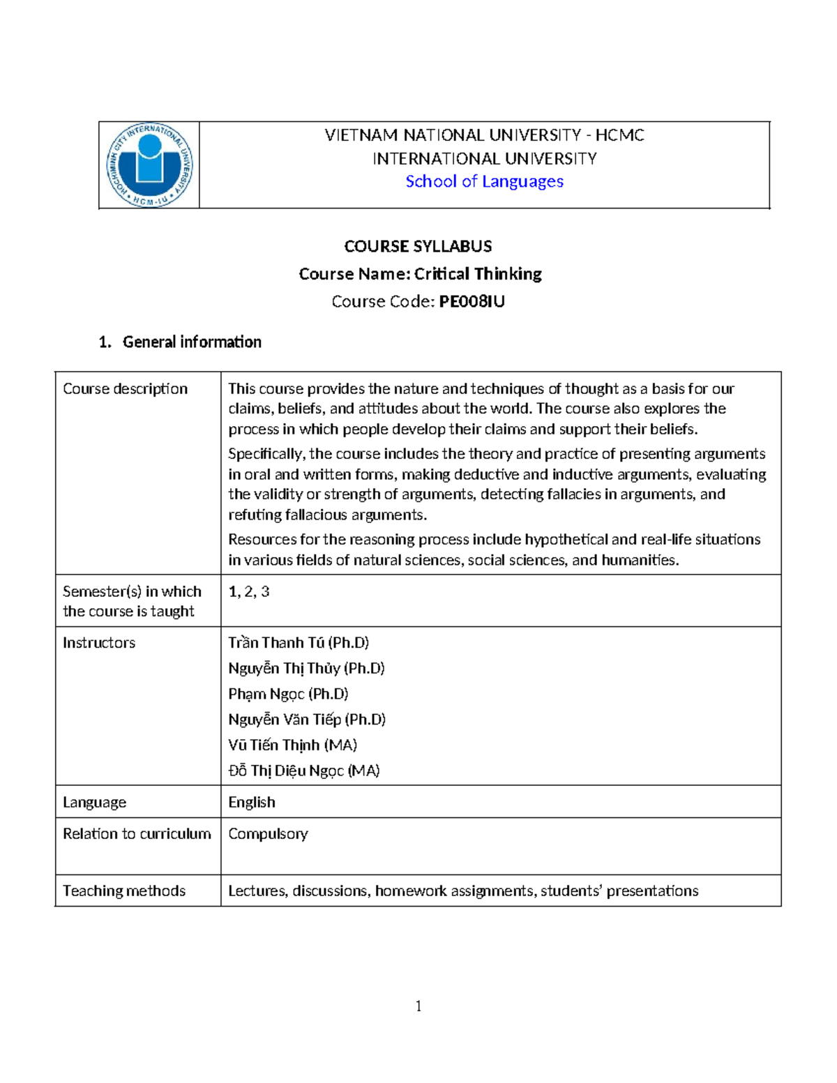 PE008IU Critical Thinking Syllabus - Semester 1 (2023-2024) - Studocu