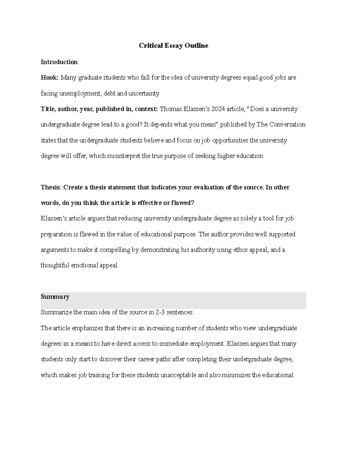 Critical Essay Outline: Evaluating Klassen's Perspective on University ...