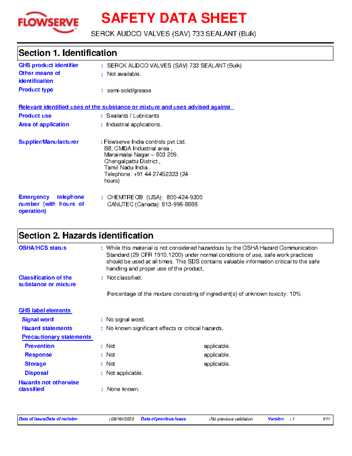 SAFETY DATA SHEET: SERCK AUDCO VALVES (SAV) 733 SEALANT (Bulk) - Studocu