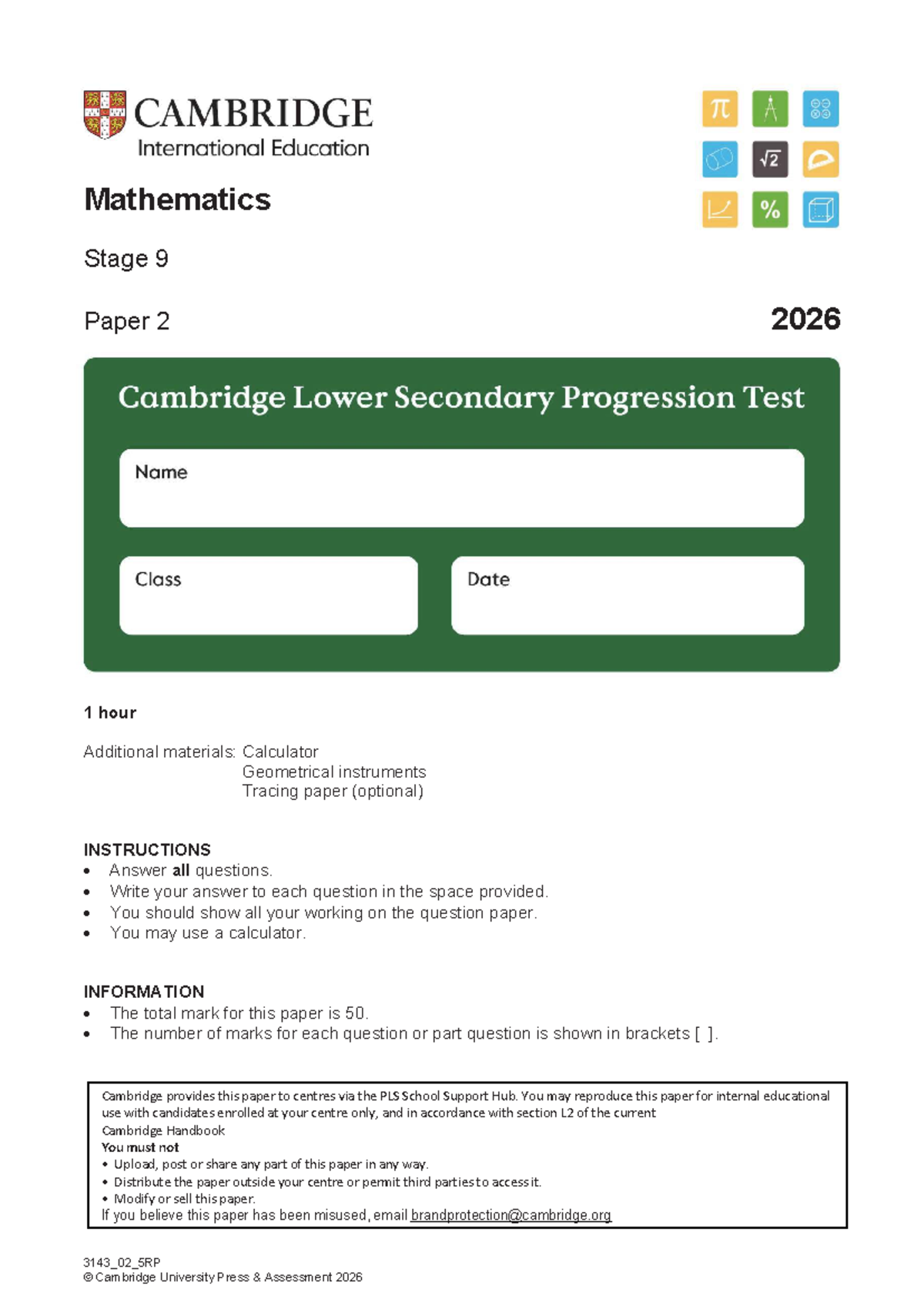 Mathematics Stage 9 Paper 2 2026 - Progression Test Questions - Studocu